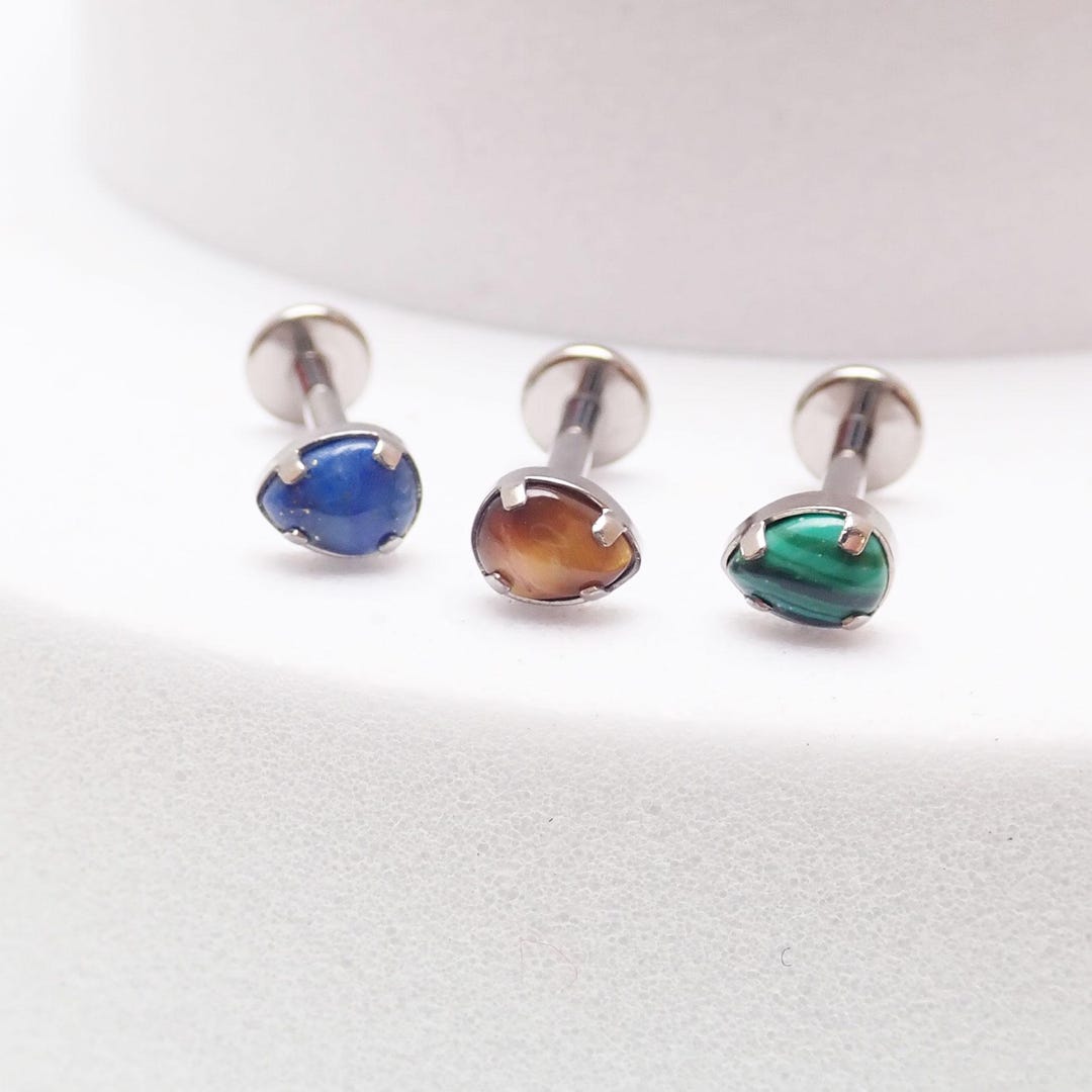 Titanium Teardrop Labret: Natural Stone Flat Back Piercing (20g/16g/18g/14g) - Etsy