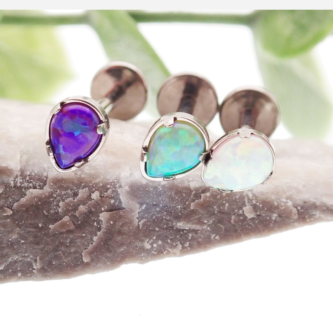 Fire Opal Titanium Teardrop Flatback Stud Rings 14g, 16g, 18g( Helix, Conch, Monroe, Cartilage ...