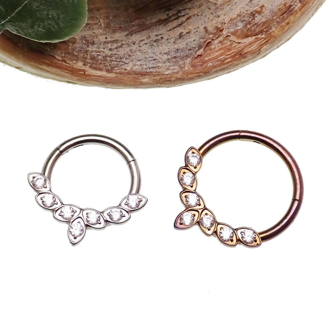16g Leaf CZ Septum Clicker, Titanium Silver, Gold , Rose Gold, Bronze ...
