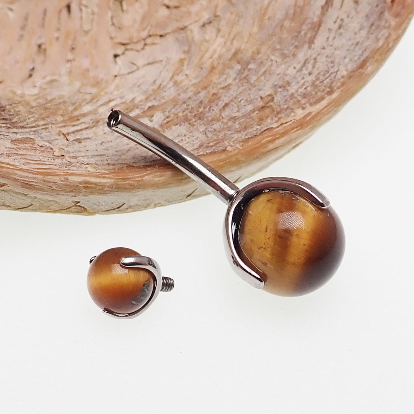 14g Implant Titanium 6mm-12mm Tigers Eye Stone Prong Set Belly Bar Ring ...