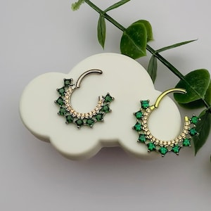 Implant Titanium Emerald and Champagne , CZ Hinged Clicker Segment Hoop Ring 8mm /10mm (daith ...