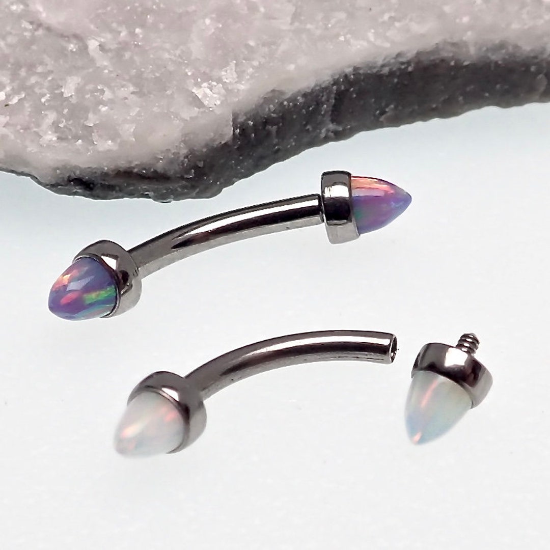 16g (1.2mm) Titanium Internally Threaded Curve Barbell Fire Opal Cone Spike Ends, Vertical Lip ...