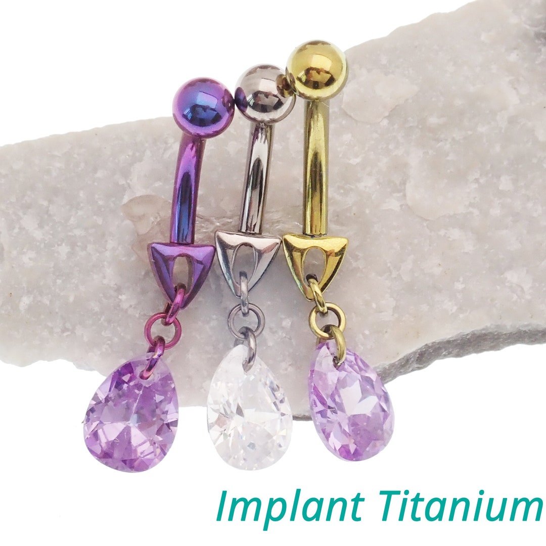 14g Implant Titanium Dangle CZ Belly Ring, VHP Bar Length 8mm, 10mm ...