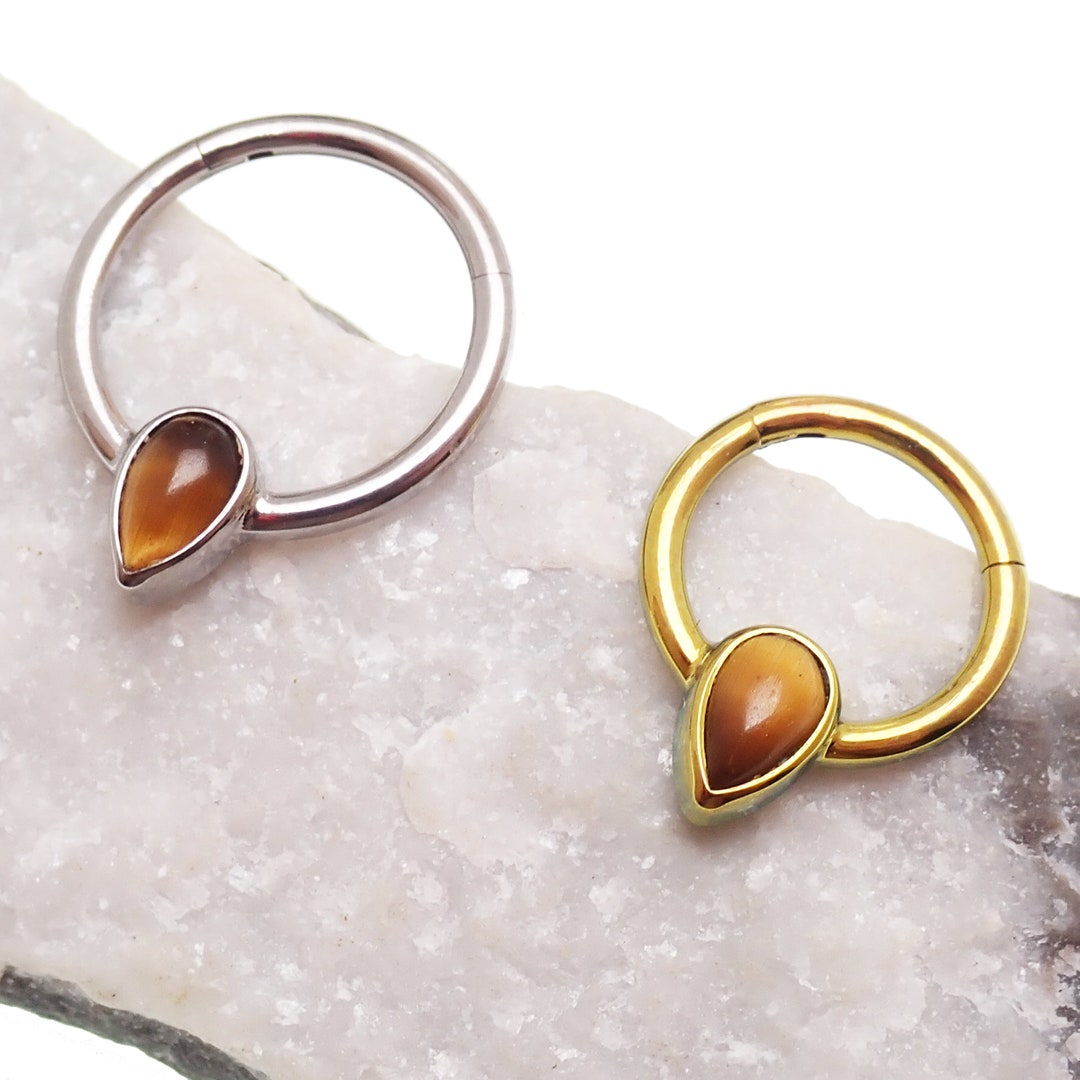 16g Tigers Eye Natural Stone Teardrop Septum/ Daith Clicker Ring 8mm ...