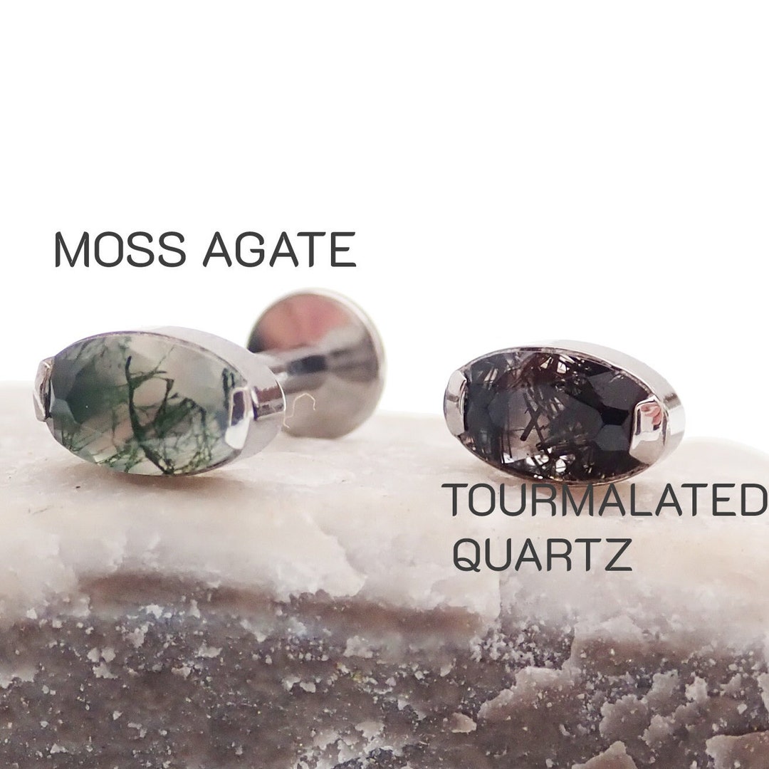 Moss Agate / Tourmalated Quartz Oval Implant Titanium Flatback Piercing ...