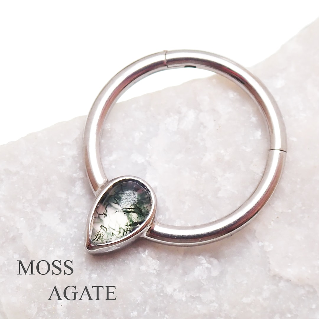 16g Moss Agate Natural Stone Teardrop Septum/ Daith Clicker Ring 8mm ...