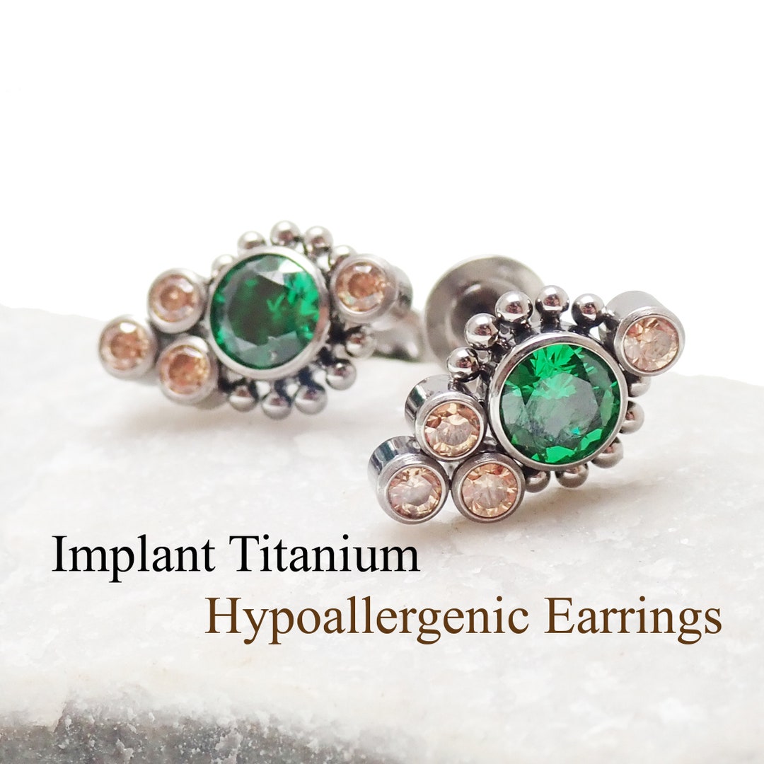 Implant Grade Titanium Earrings, Emerald and Champagne CZ Earrings ...