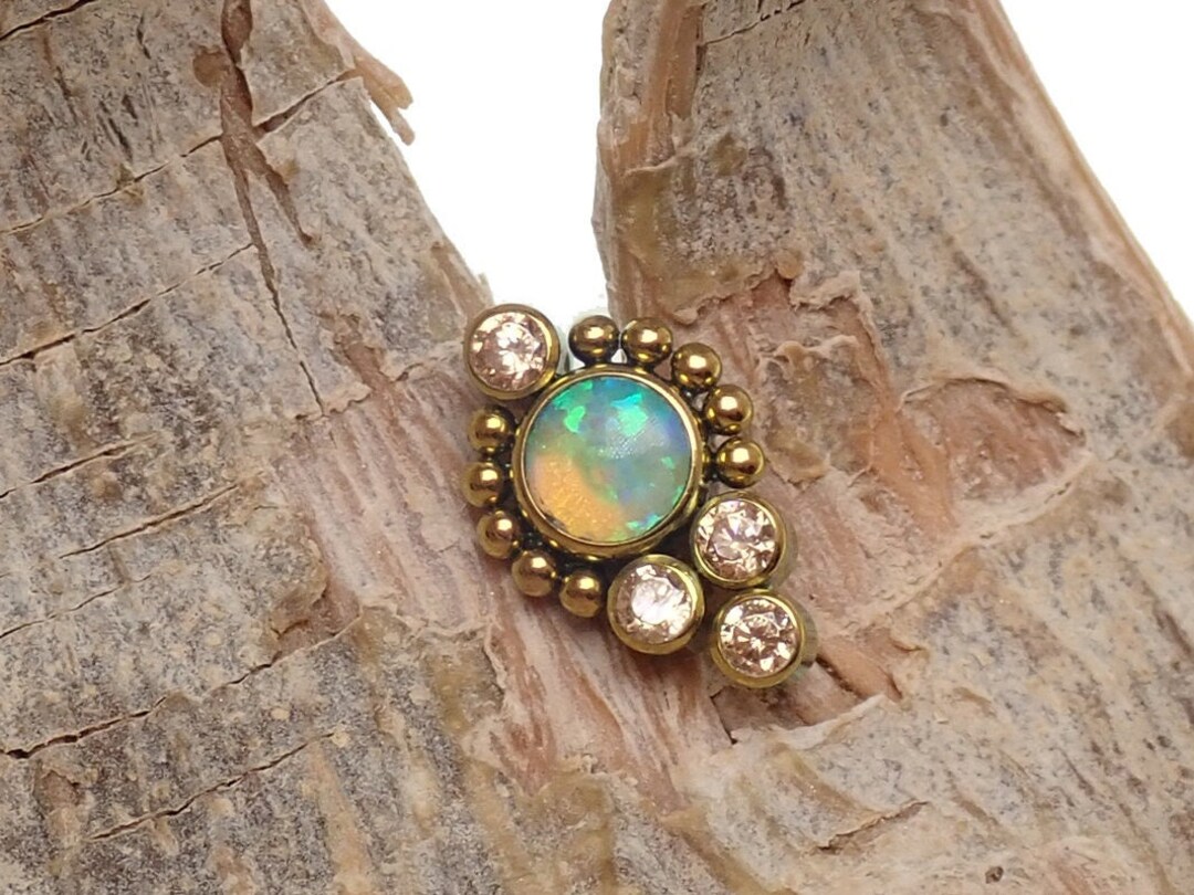 Internally Threaded Fire Opal Apple Green & Champagne Beaded Cluster Implant Titanium Flatback ...