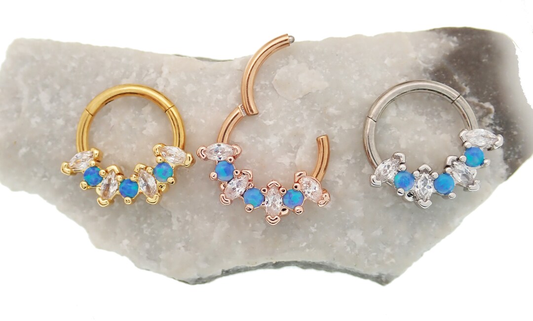 16g 8mm Septum . Daith Clicker With Blue Fire Opals and CZ, Rose Gold ...