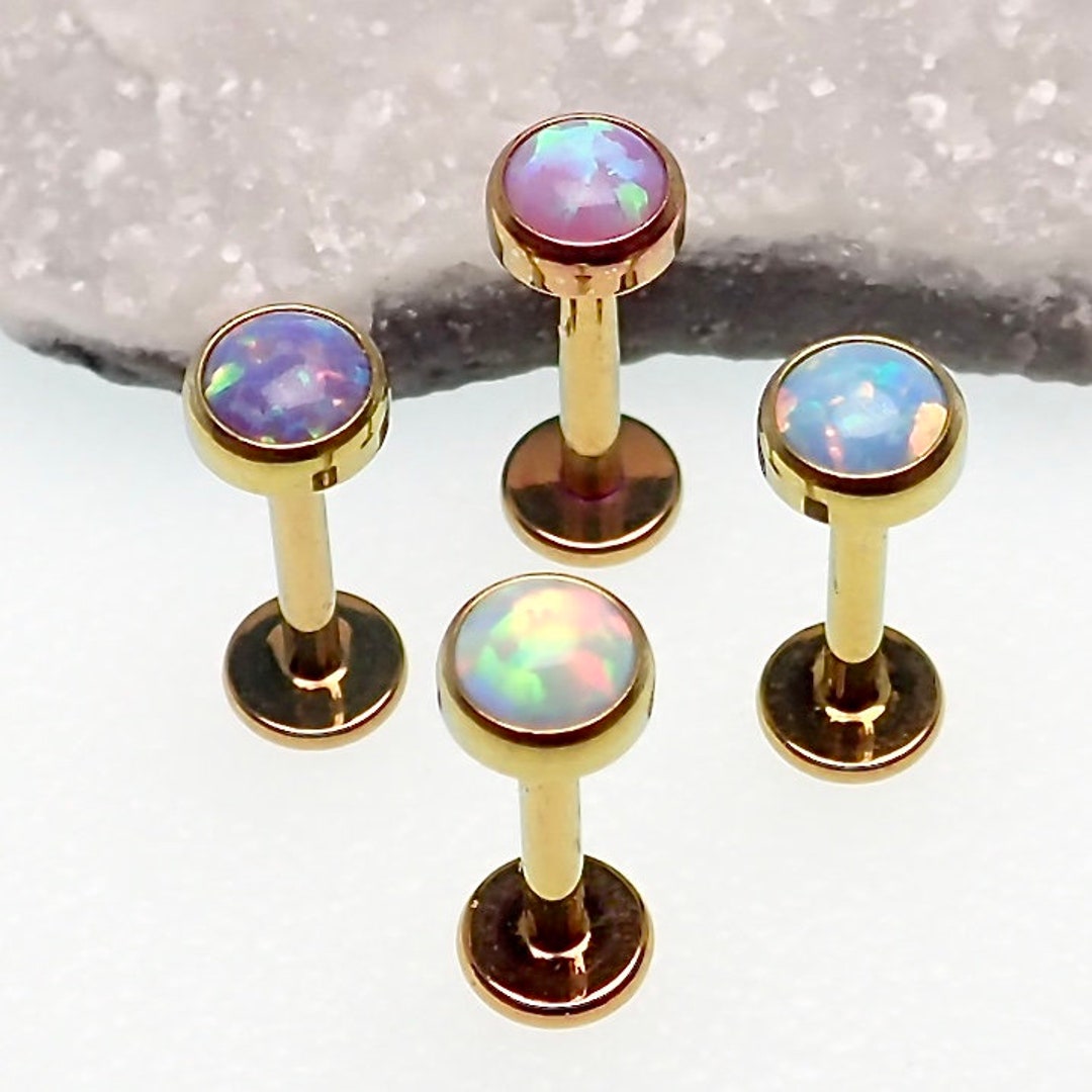 14g Rose Gold Titanium Internally Threaded Flat Opal Top Lip Ring ...
