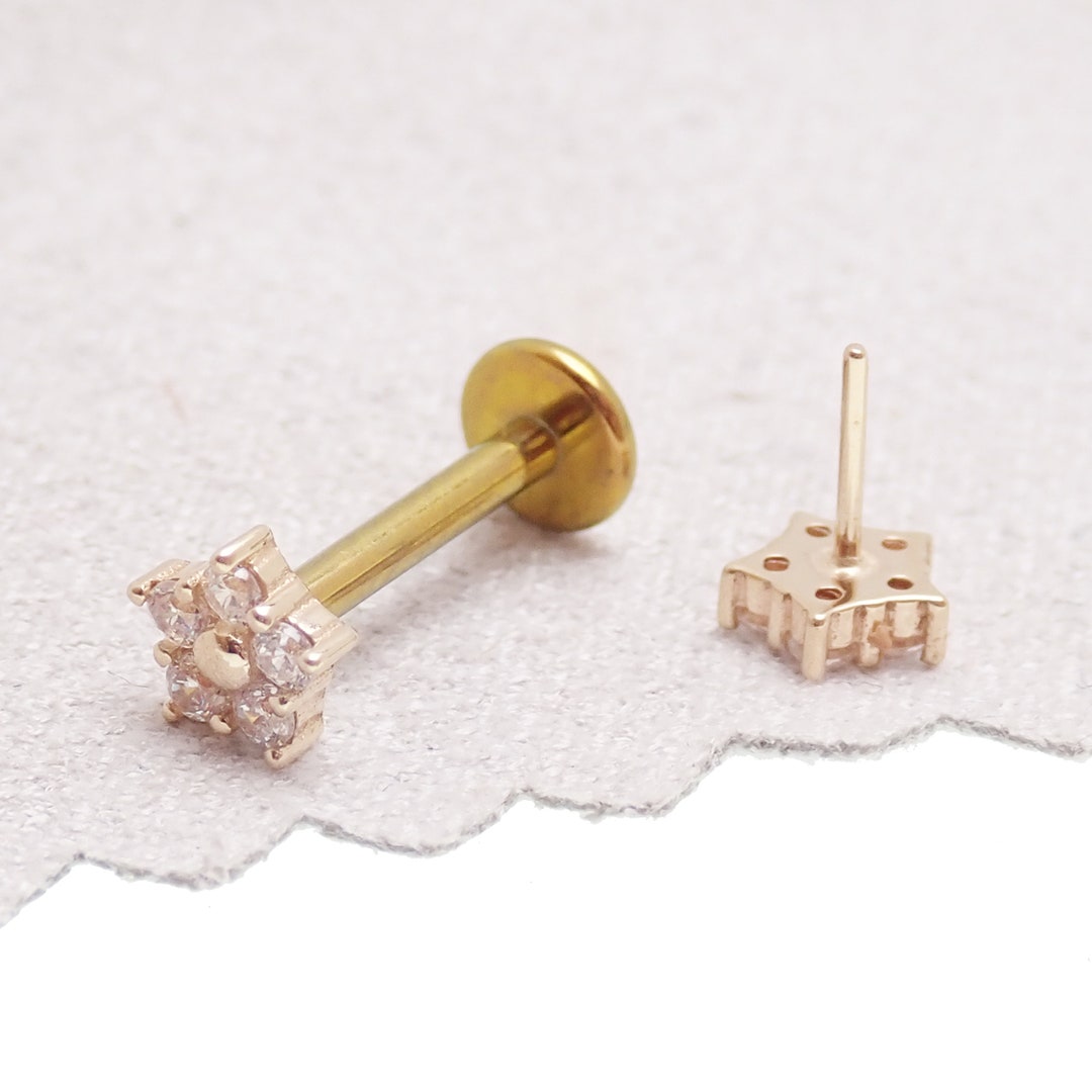 14K Threadless Push Pin Flower, Flat Back is Titanium ,ideal for Lip ...
