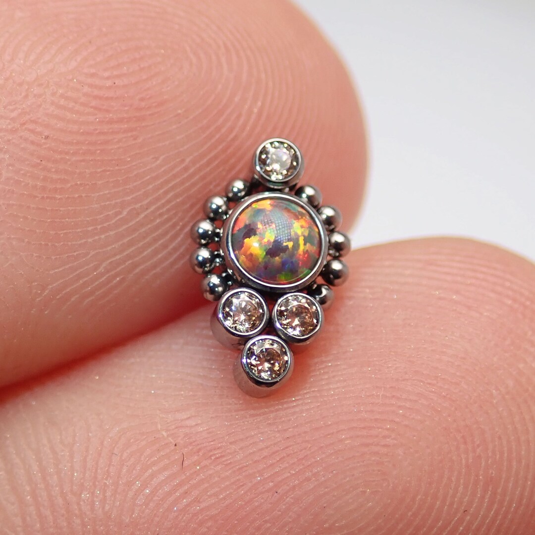 Champagne CZ & Dark Cherry Opal Beaded Cluster Implant Titanium Flatback Piercing 18g, 16g, 14g ...