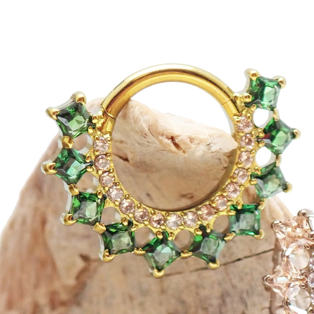 Implant Titanium Emerald and Champagne , CZ Hinged Clicker Segment Hoop Ring 8mm /10mm (daith ...