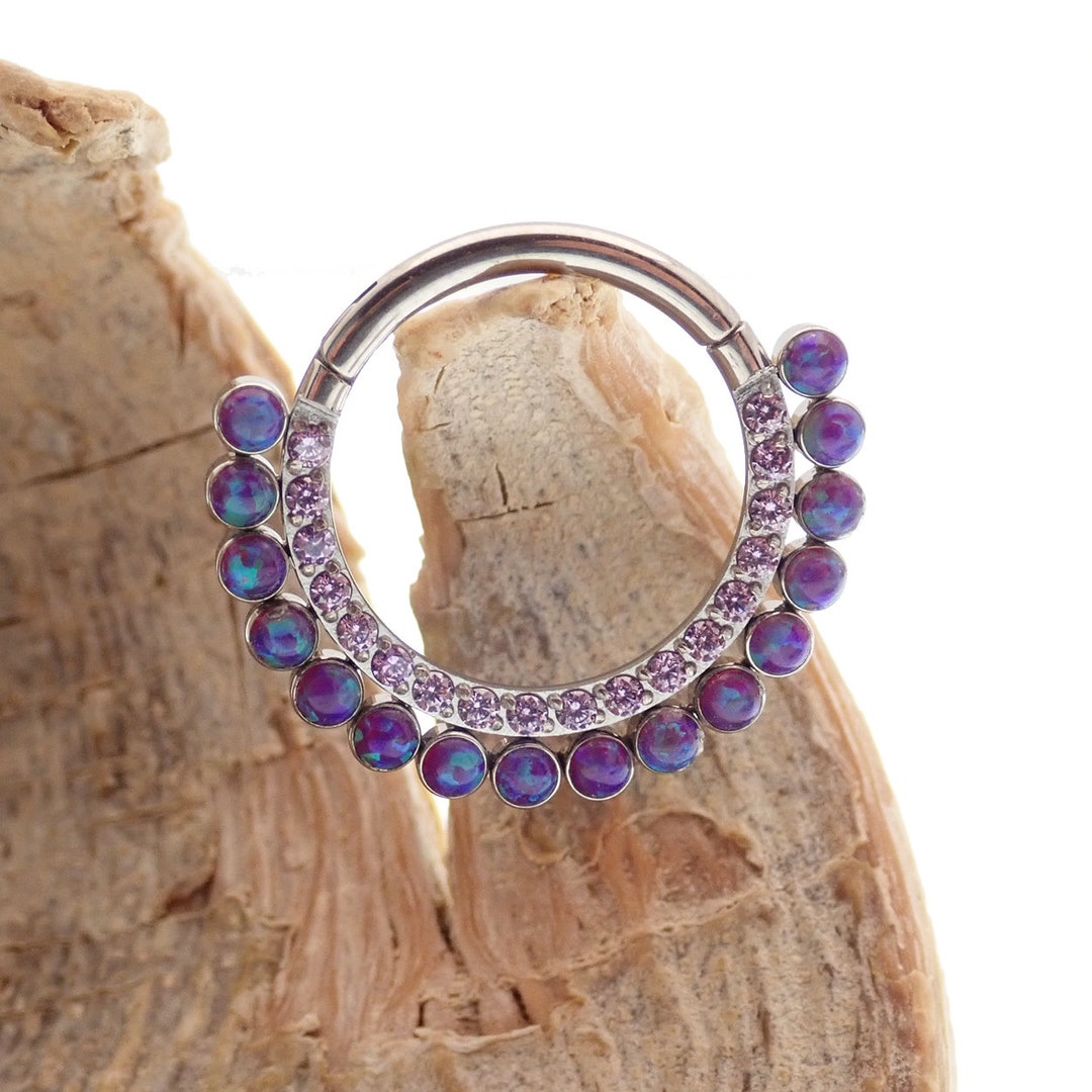 Sleepy Lavender Fire Opal and Amethyst CZ 8mm, 10mm Titanium Clicker · Septum/helix/daith/conch ...