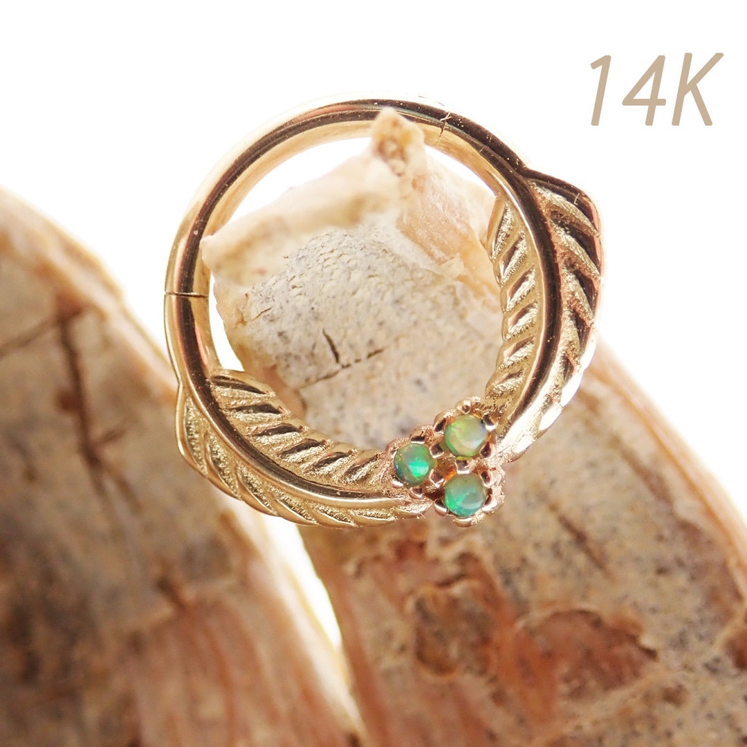 14K Solid Gold Leaf and Opal Hinged Clicker, Septum, Daith, Tragus ...