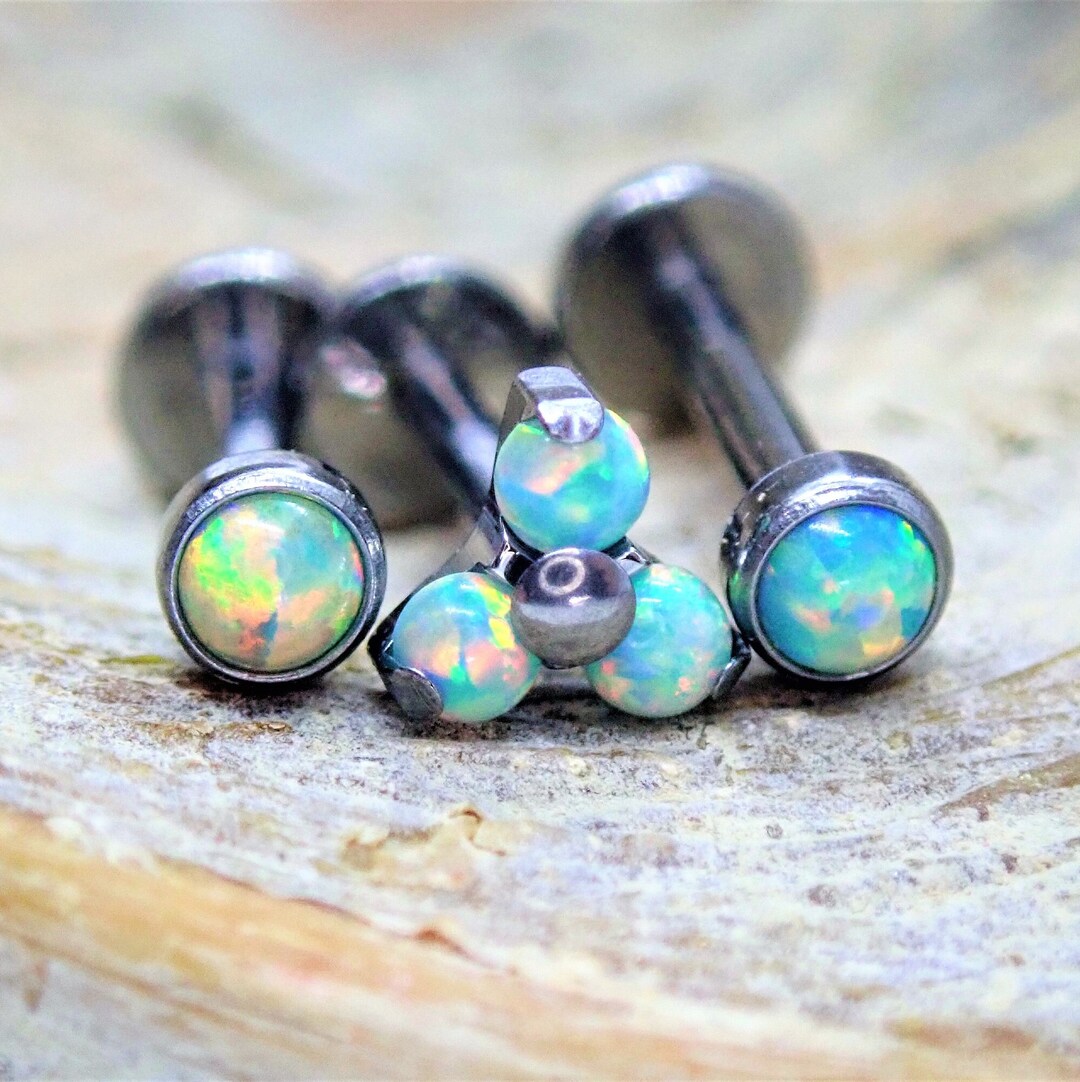3-set Moon Yellow Opal Tri-cluster & Flat Opal Implant Titanium Flatback Piercing 18g, 16g, 14g ...