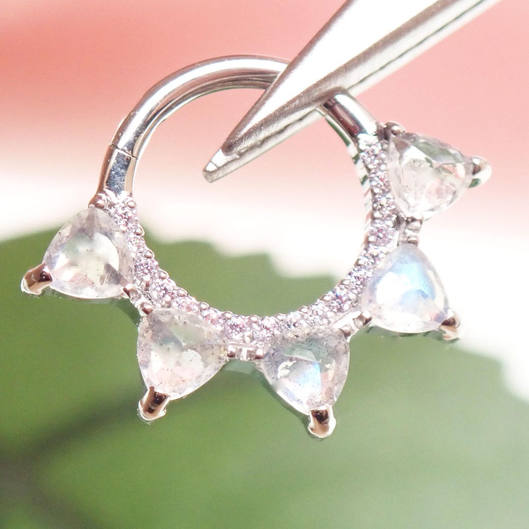 Real Moonstone Piercing Hoop, Implant Titanium, Natural Stone & CZ ...