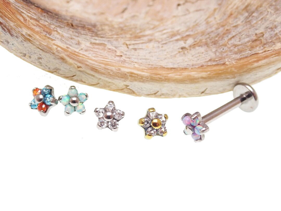 Micro-flower 4mm Opal / CZ Implant Titanium Flatback Piercing 18g, 16g ...