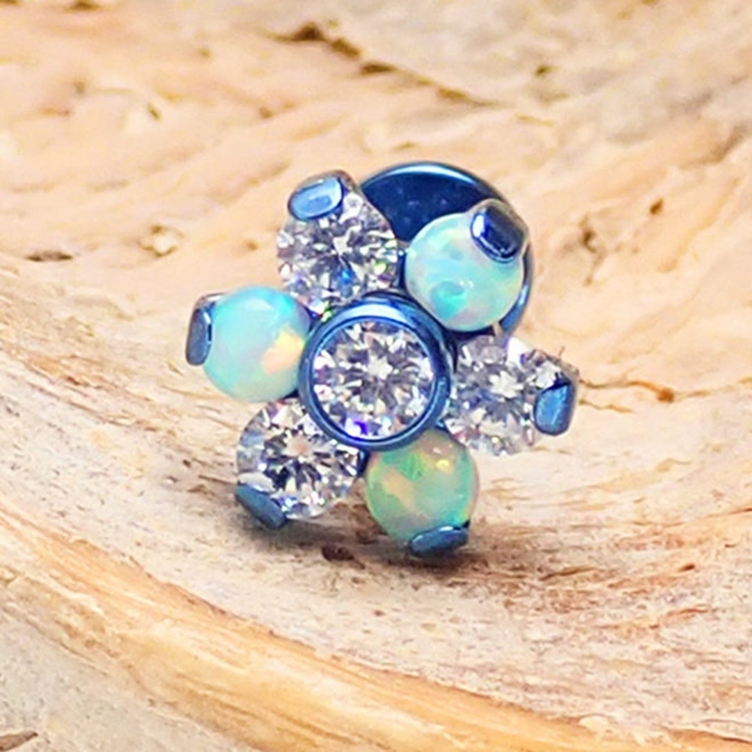 Blue-anodized White Opal & Clear CZ Flower Implant Titanium Flatback ...