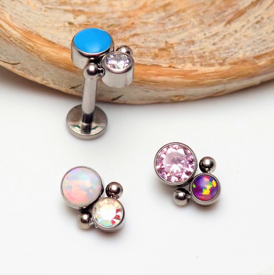 CZ & Opal Bijoux Beaded Implant Titanium Flatback Piercing (labret, Conch, Philtrum, Medusa ...