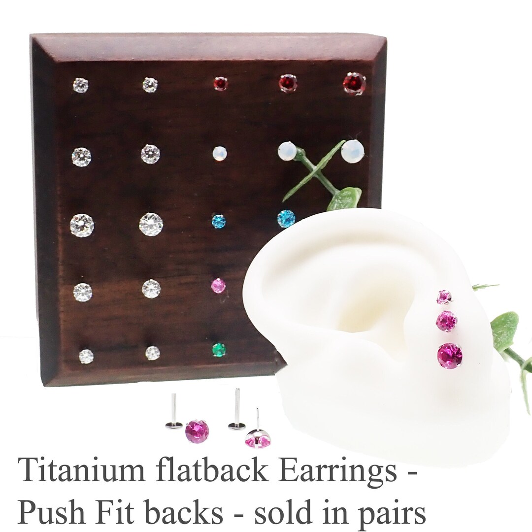 Implant Titanium Earrings. Push Fit ,sold in Pairs, CZ Wear 24/7 Hypoallergenic , Tarnish Free ...