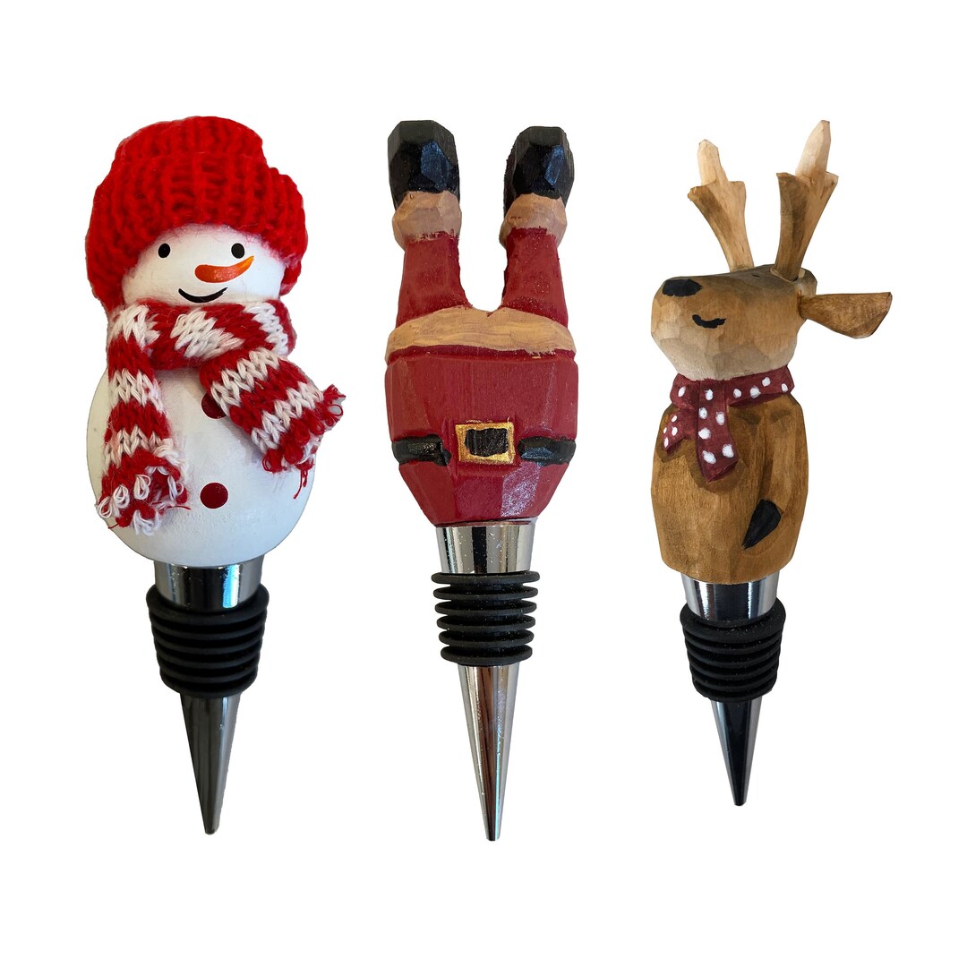Hand Carved Wood Christmas Wine Stoppers, Holiday Decor, Set of 3 - Etsy