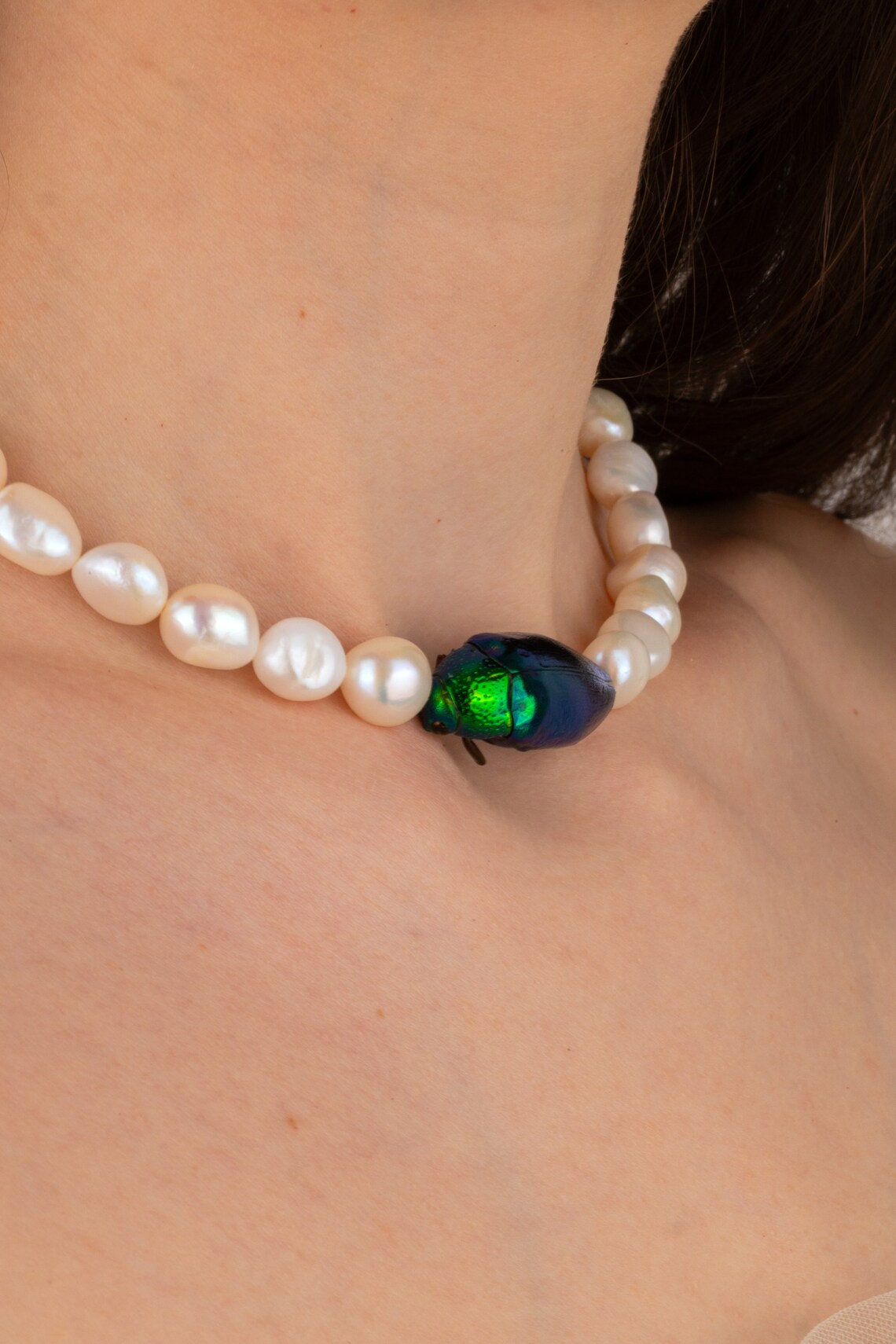 Real Scarab Beetle Insect Gold and White Pearls Necklace Handmade Gold ...