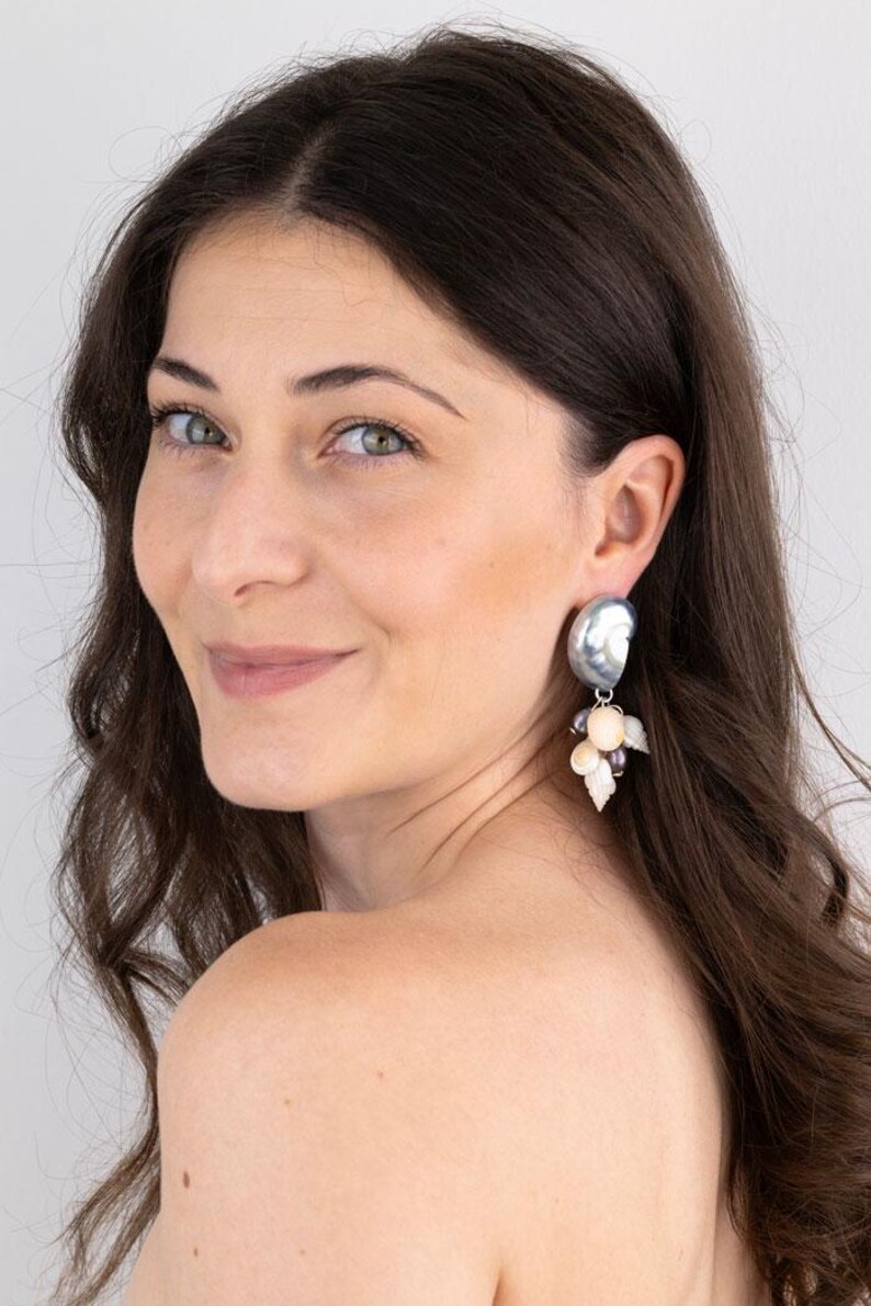 Nautilus Shell Earrings With Seashells and Peacock Pearls, Sterling ...
