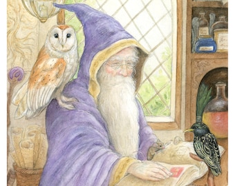 Magical Merlin Wizard and Owl Art Print Wall Art, Home Decor, Magic ...