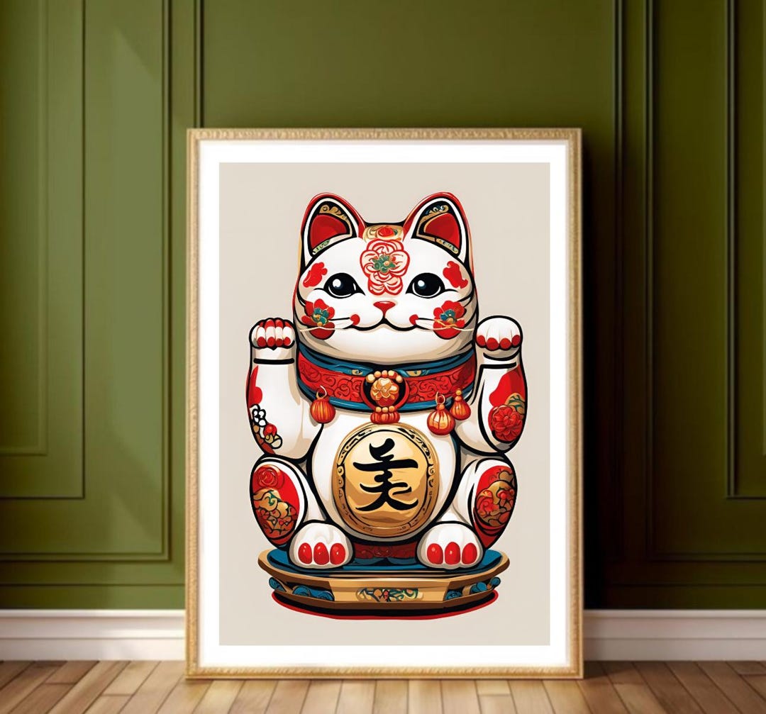 Lucky Cat Poster, Japanese Maneki Neko Cat, Antique Cat Drawing, Home ...