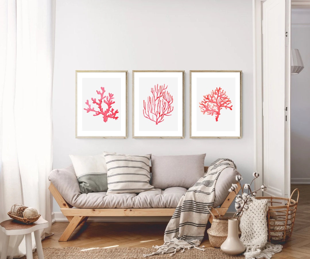 Coral Drawings, Red Coral Wall Art Prints, Seaweed Watercolor Painting ...