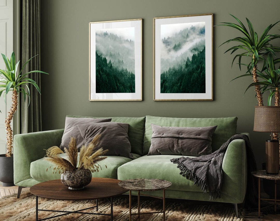 Green Forest Wall Art, Set of Two Prints, Foggy Forest Wall Gallery ...