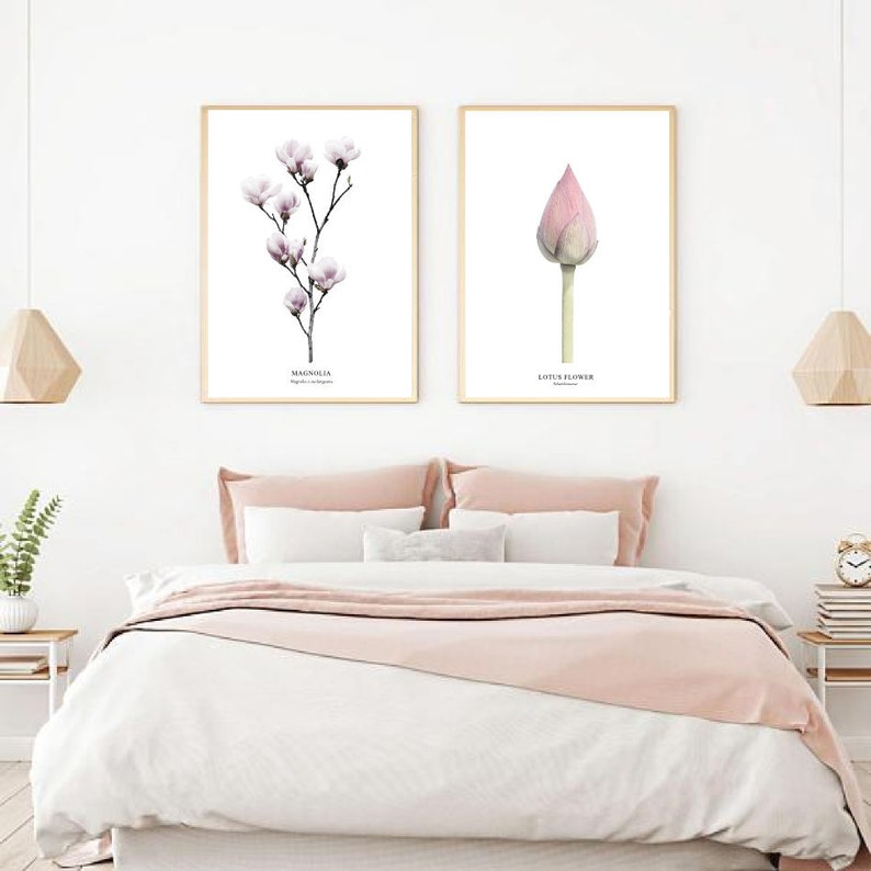 Set of 2 prints living room wall art magnolia print lotus | Etsy