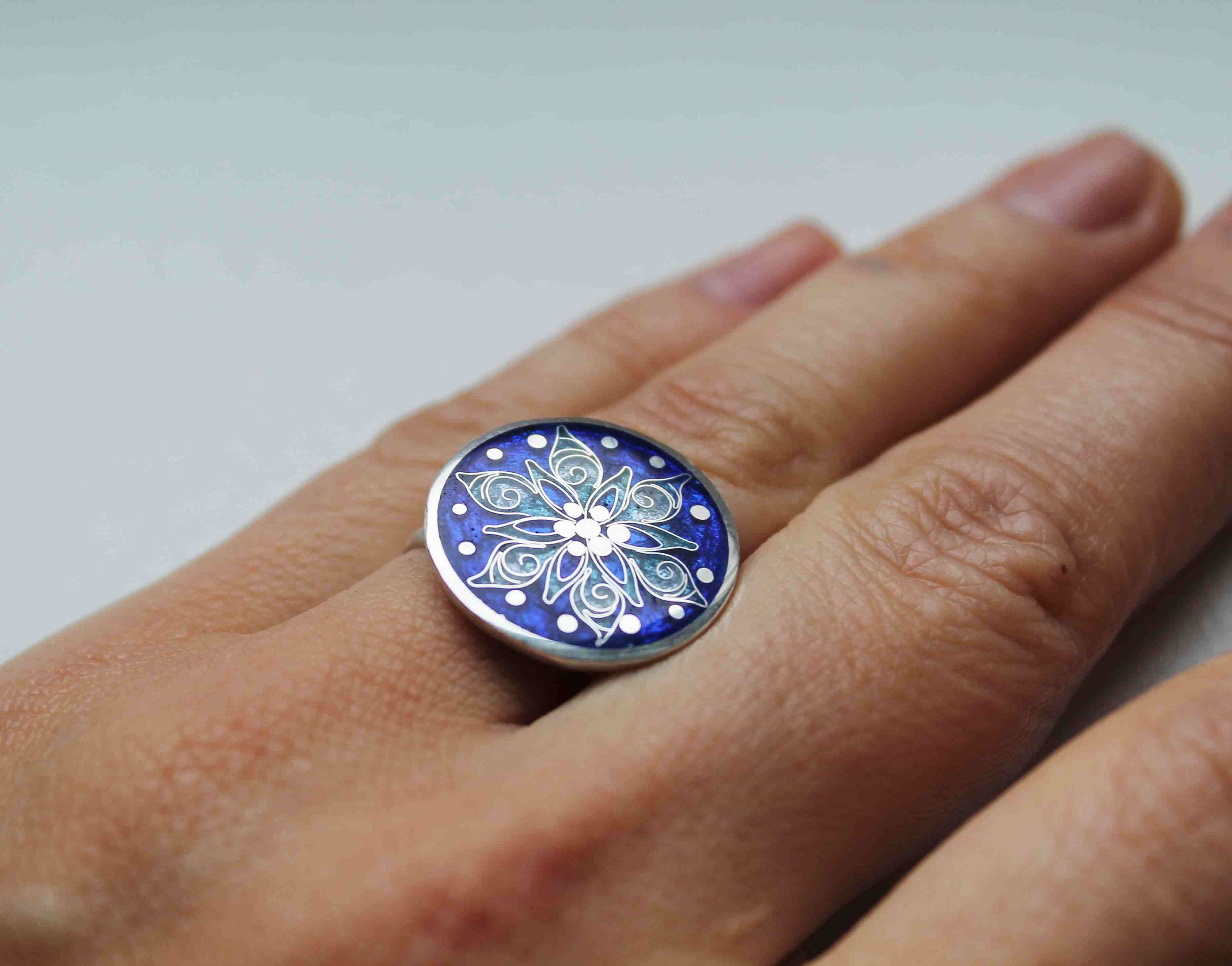 Edelweiss Ring. Cloisonne Emaille,handgemachte Schmuck, Unikat,sterling ...