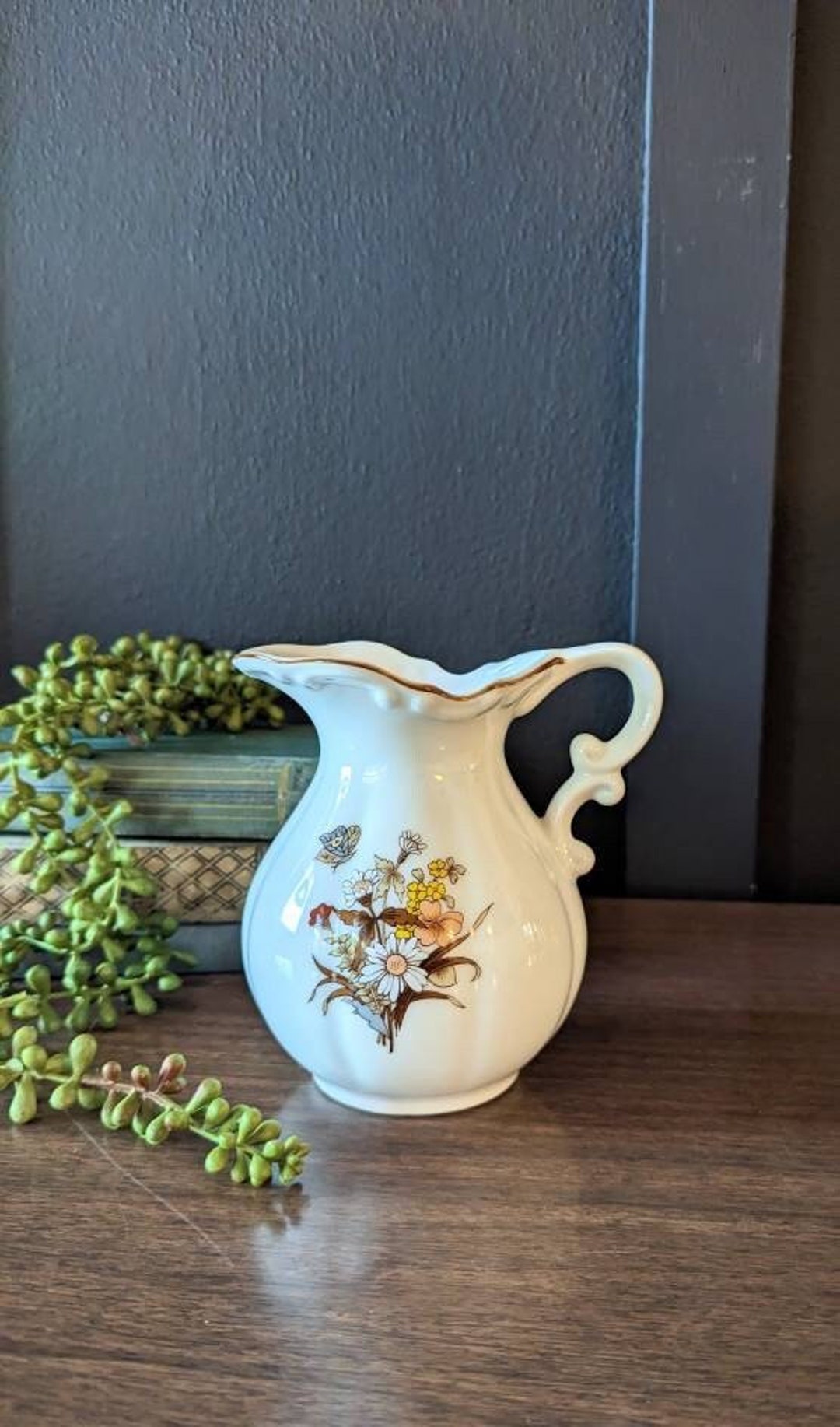 1970s Ceramic Floral Butterfly Decorative Pitcher, Vintage Floral ...
