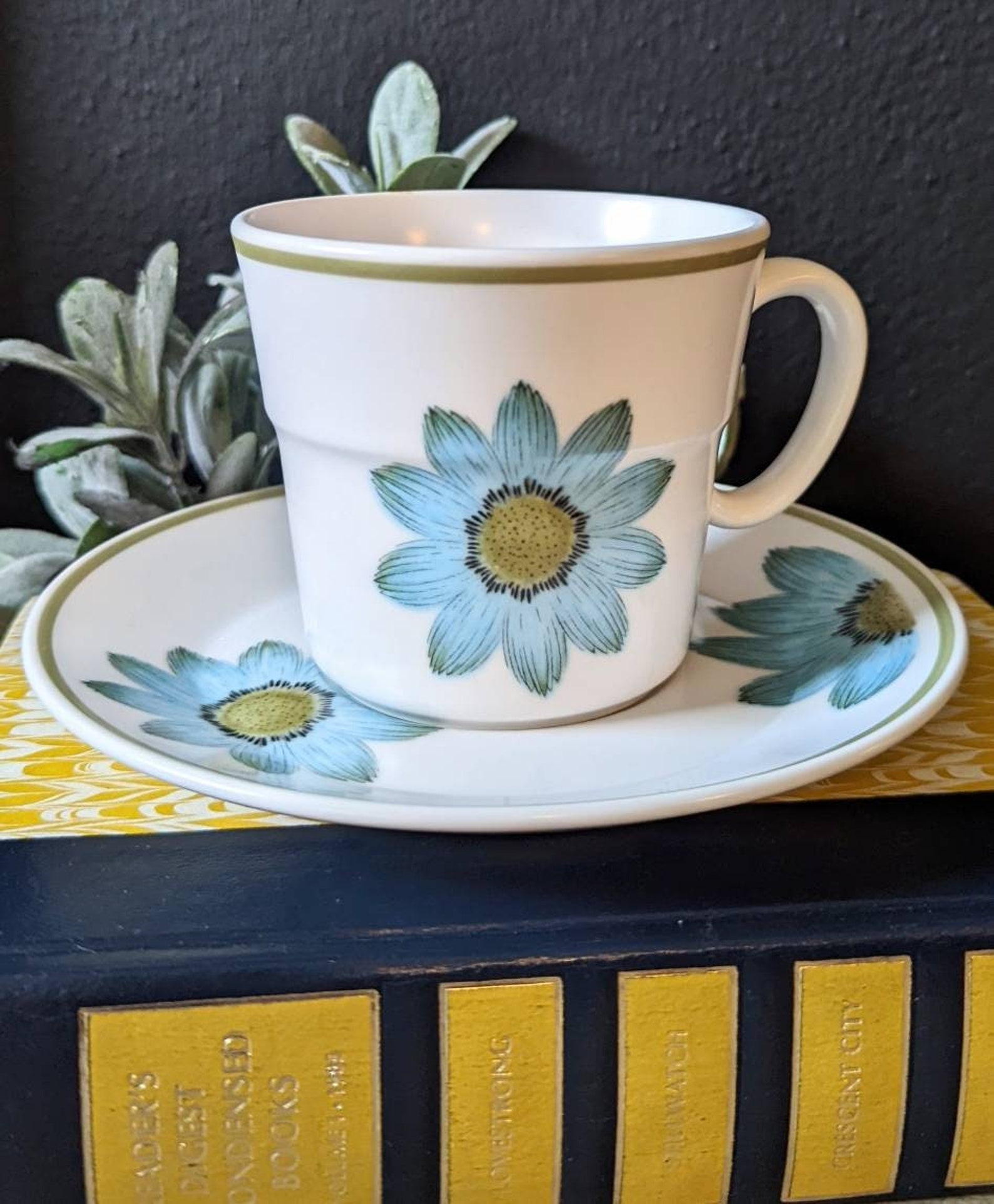 Retro Stoneware Blue Daisy Tea Cup Set - Etsy