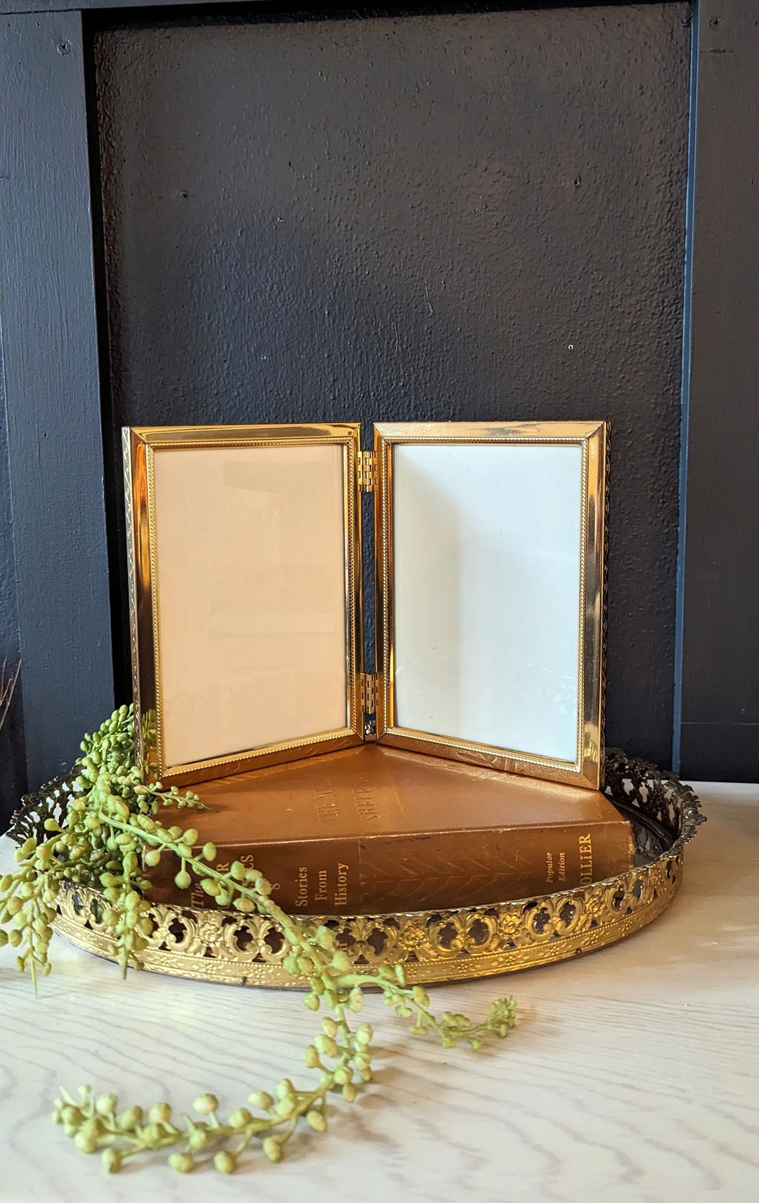 Vintage Brass Style Bi-fold Picture Frame, Vintage Double Photo Frame ...