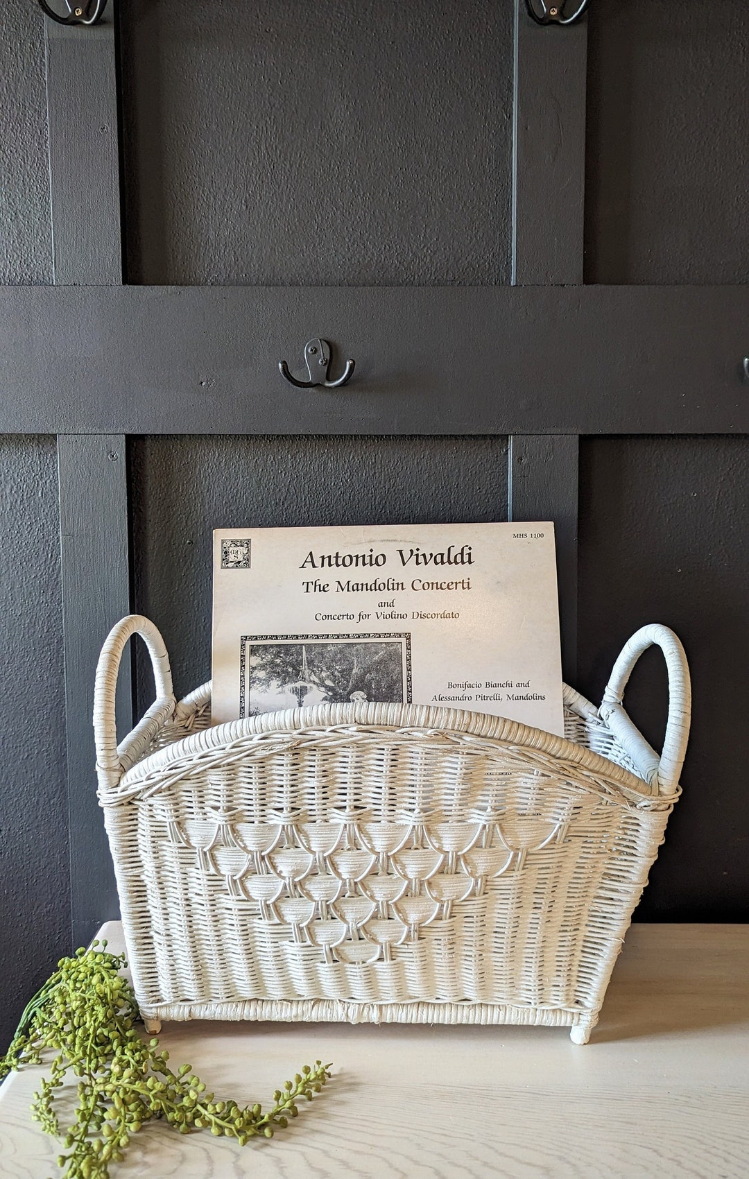 Vintage White Wicker Magazine Rack or Vinyl Record Holder, Vintage ...