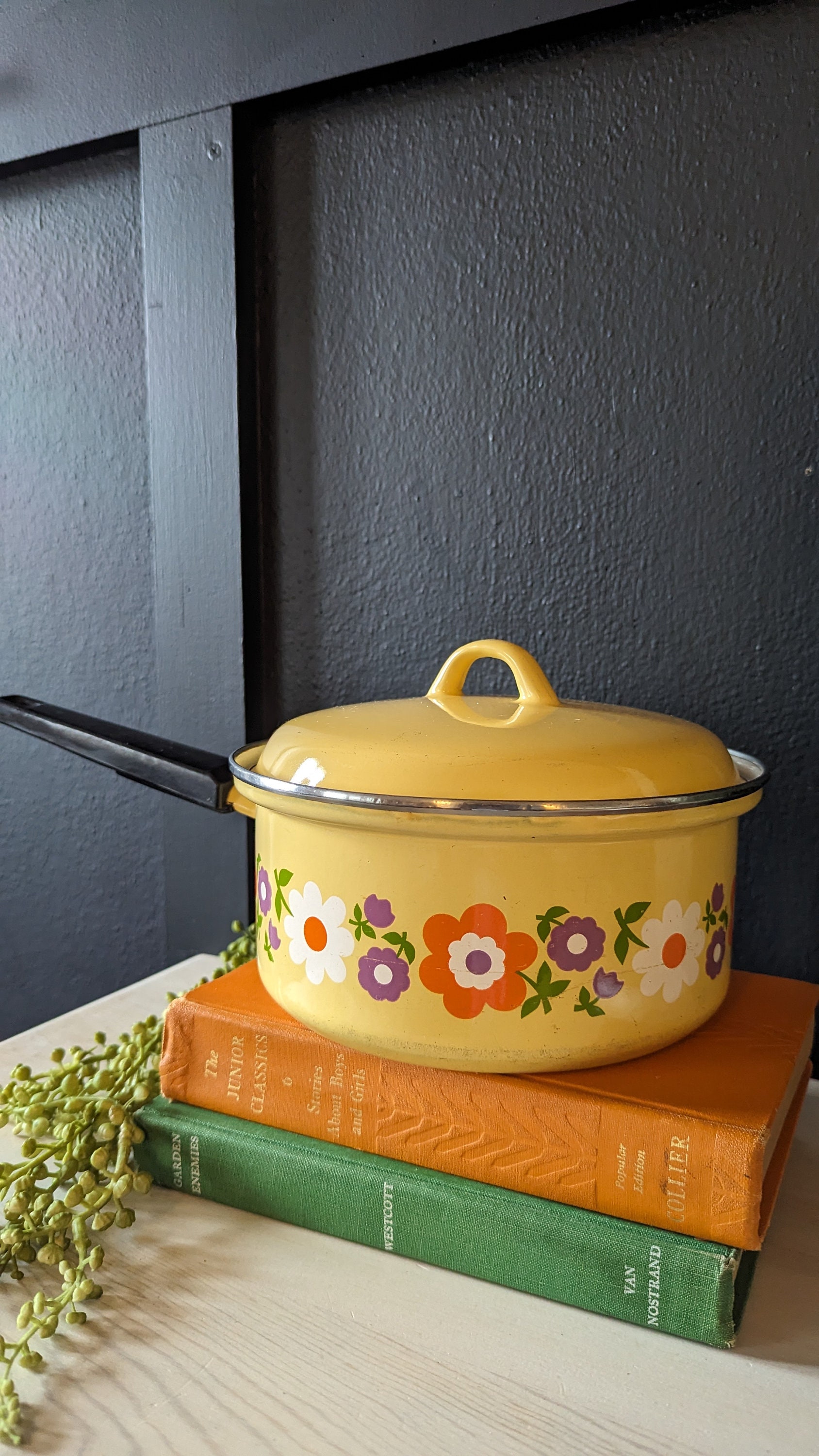 Midcentury 1970's Pale Yellow Floral Enamel Stovetop Sauce Pan With Lid ...