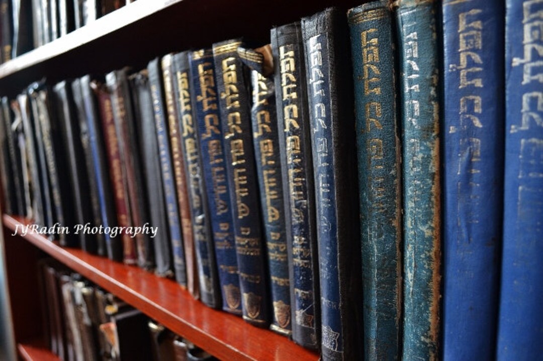 Hebrew on Old Prayer Books in a Synagogue in Jerusalem, Israel Photo ...