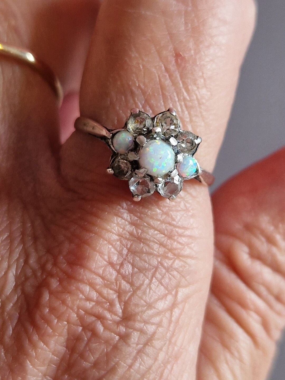 93B 1930s Art Deco 9ct Gold and Silver Ring With Opal and Paste Stones ...