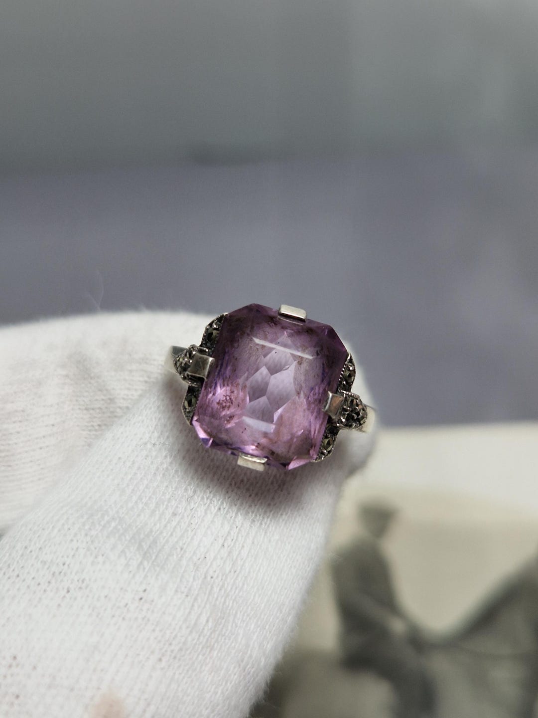 216F Art Deco Silver 935 Real Amethyst Ring Size M - Etsy