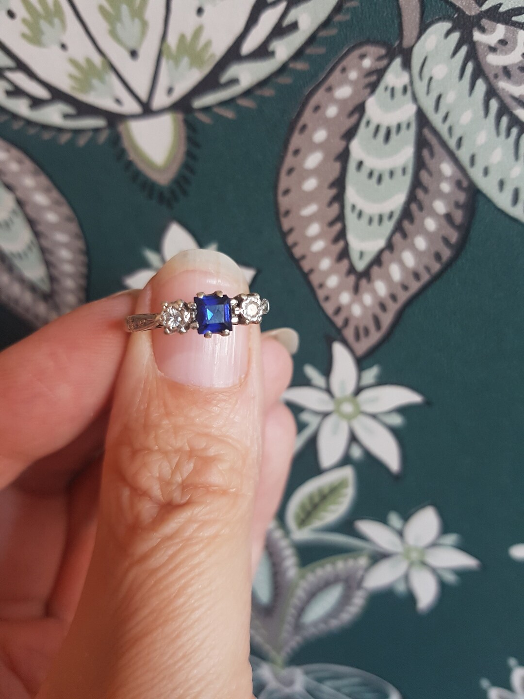 92E Art Deco 9ct Gold Platinum London Blue Sapphire Diamond Ring Size M ...