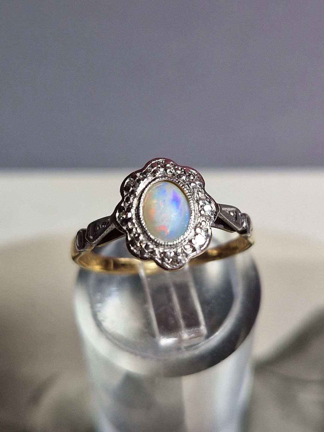 134F Edwardian/deco 9ct Gold & Platinum Set Opal and Diamond Cluster ...
