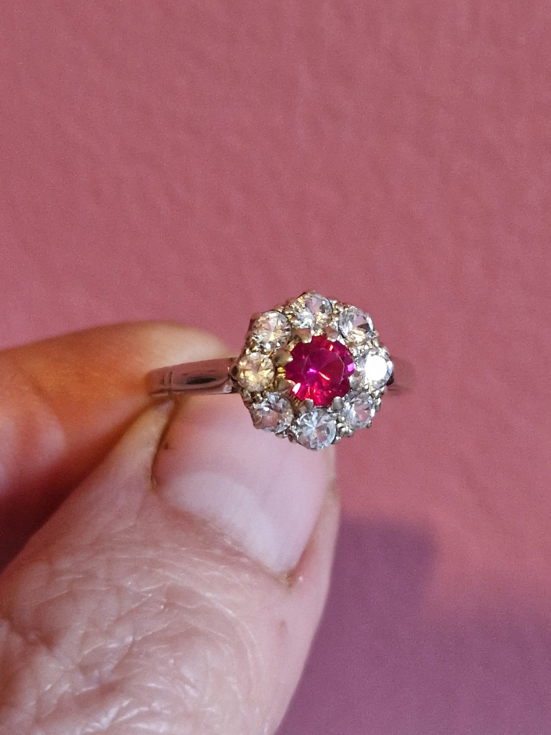 168C at Deco 9ct Gold & Platinum Ruby and White Sapphire Ring Size O/7. ...