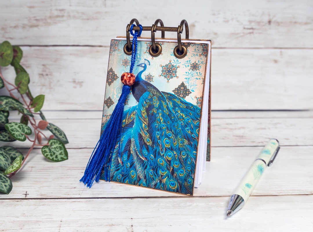 Blue Peacock Pocket Flip Pad Wooden Covers Refillable Note Book Gift ...