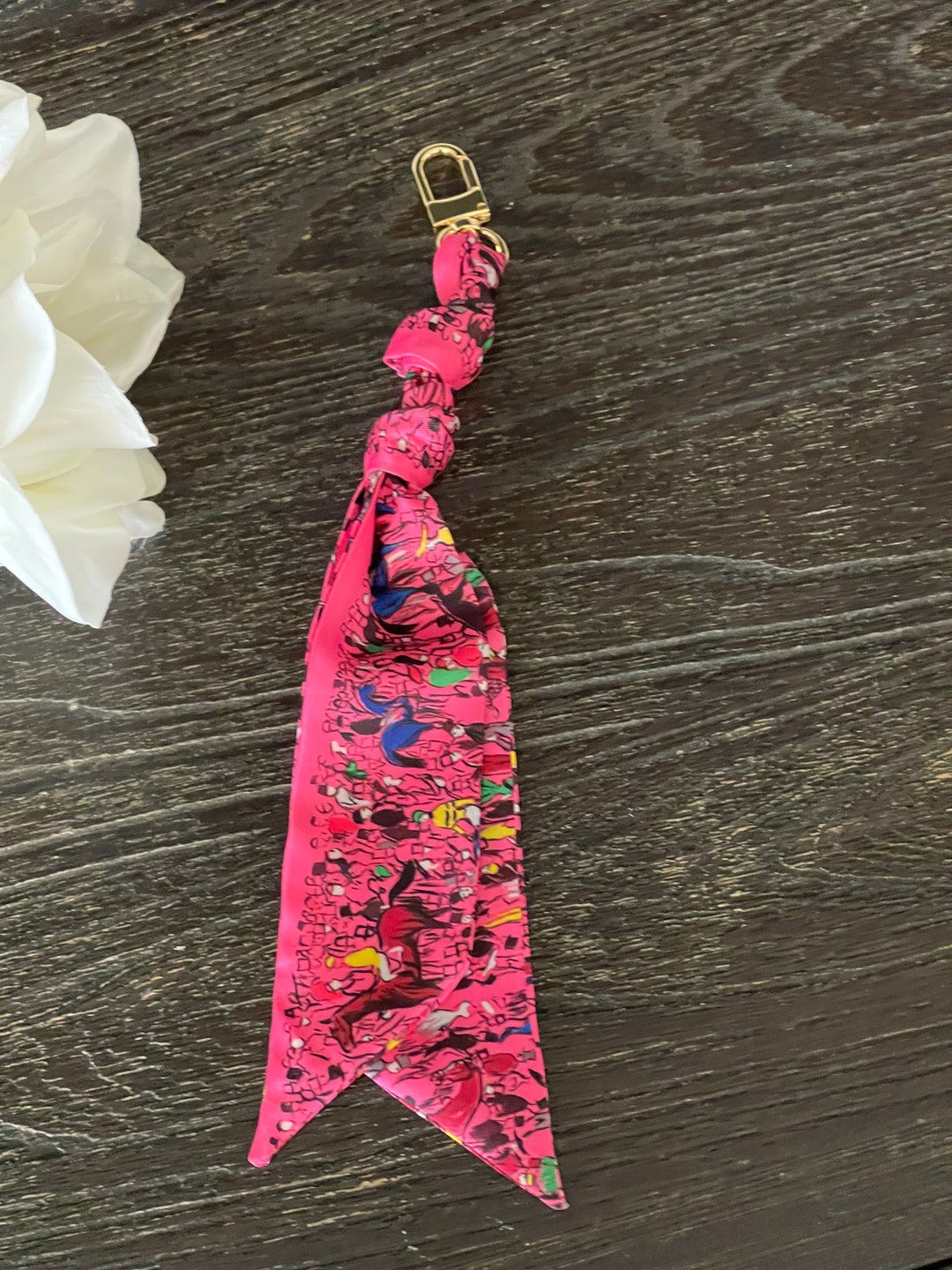 Double Knotted Bright Pink Scarf Key Ring Purse Accessory Faux Silk - Etsy
