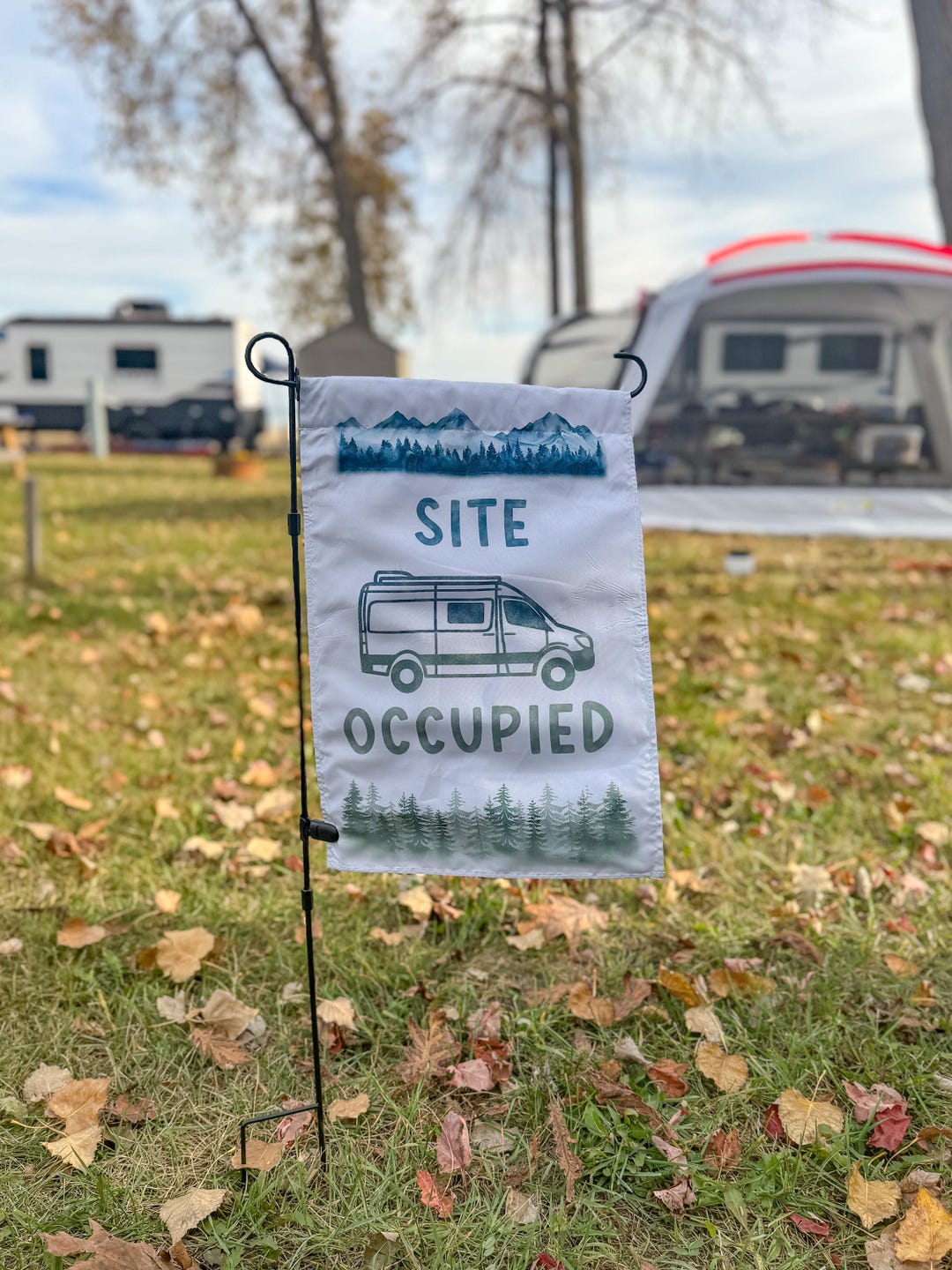 Site Occupied Sign Mountains and Trees, Campsite Occupied Flag, Van ...