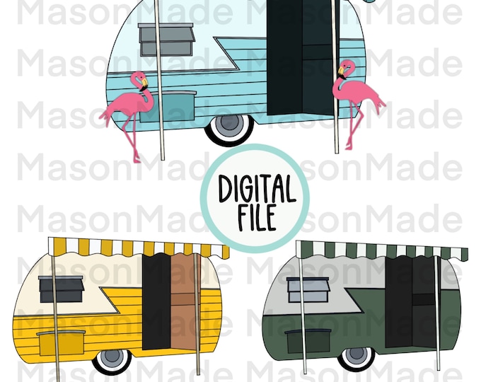 Yellow Campers Vintage Clipart Bundle, Retro Sunflowers Camping Trailer ...