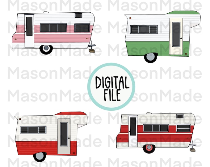 Yellow Campers Vintage Clipart Bundle, Retro Sunflowers Camping Trailer ...